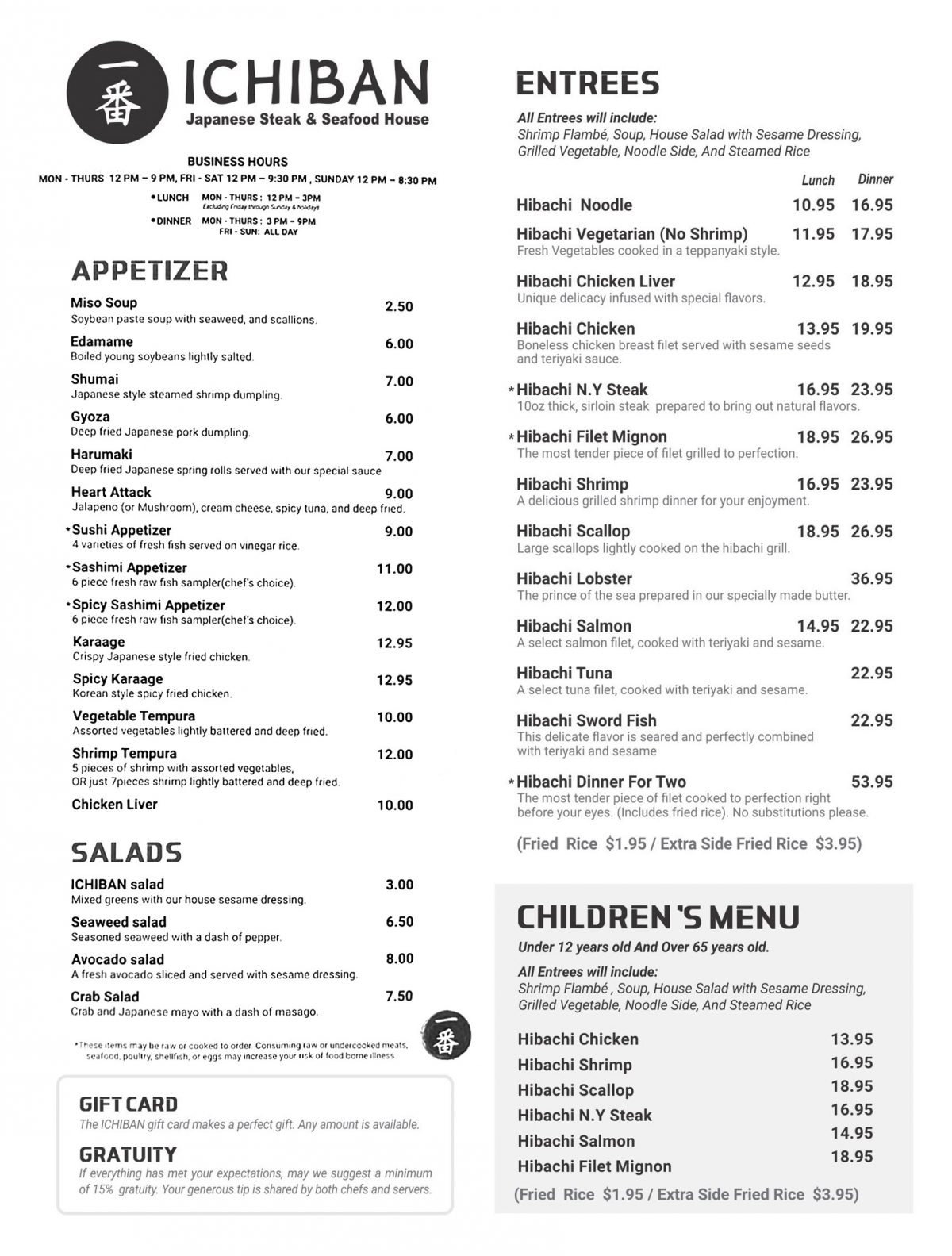 Full Menu – Ichiban Steak